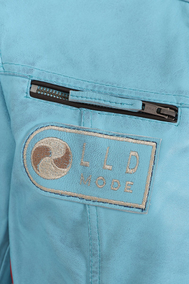 Women's Aqua Blue Leather Racing Jacket with Red Stripes - Francis ...
