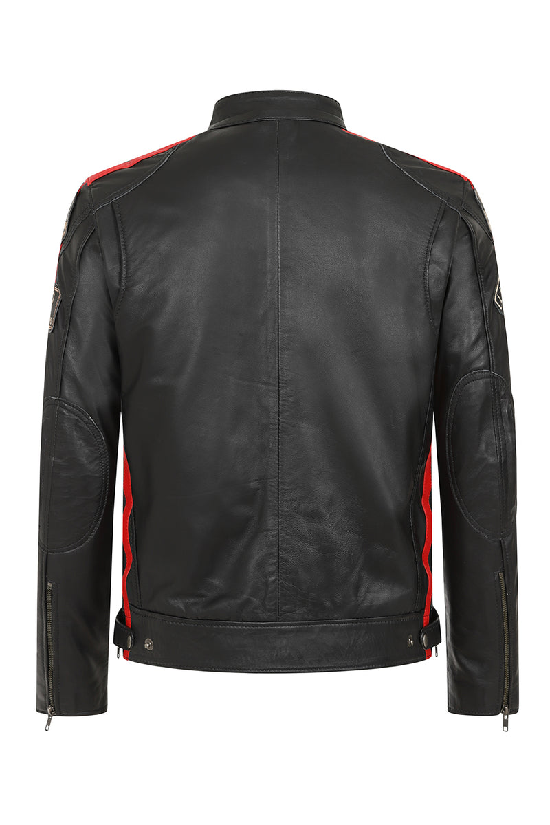 Men's Black Real Leather Racing Style Jacket with Stripes – London ...