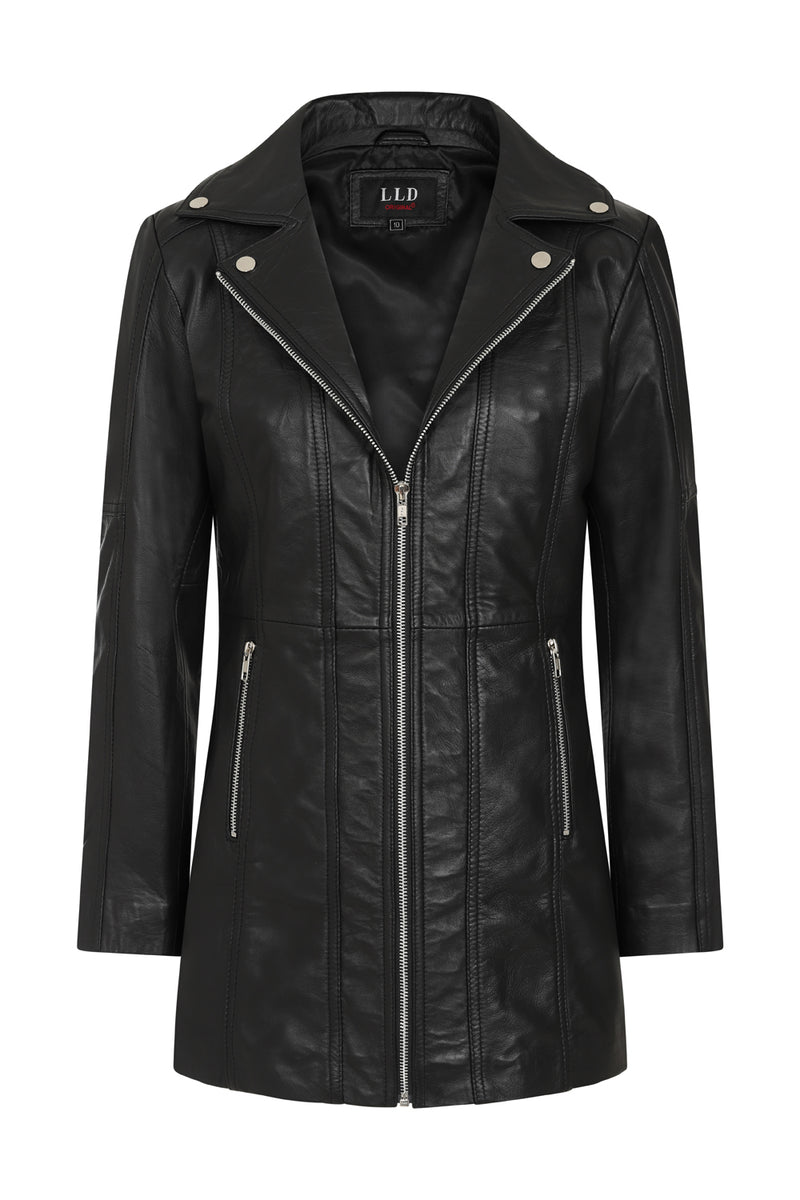 Women's Long Biker Style Leather Jacket - LINDA – London Leathers Direct